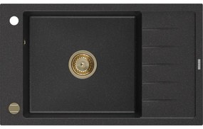 Mexen Elias 1-miskový granitový dřez s odkapávačem 795 x 480 mm, Černá/Stříbrná kovová, sifon Zlatá - 6511791005-73-G