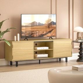 HOMCOM TV stolek 160 cm – pro TV do 165 cm (65 palců), 2 bezúchytková dvířka s push-to-open, 2 otevřené police, kovové nohy, přírodní dekor