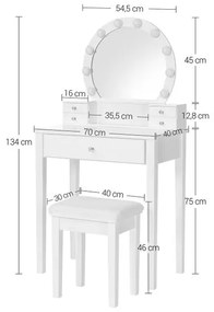 VASAGLE Toaletní stolek s osvětlením 70x40x134cm bílý