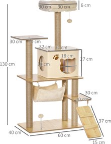 PawHut dřevěný kočičí strom s prolézačkou a kočičí jeskyní, jutové špalky, míčky na hraní, žlutý, 60x40x130cm pro aktivní kočky | Aosom.de