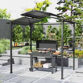 Grilovací Pavilion Outsunny 250 x 160 x 250 cm - Voděodolný Zahradní Pavilon s Dvojitým Středním Štítem, Bočními Policemi a UV Ochrannou, BBQ Pavilio…