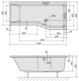 Polysan VERSYS R asymetrická vana 170x84x70x47cm, bílá, 70611
