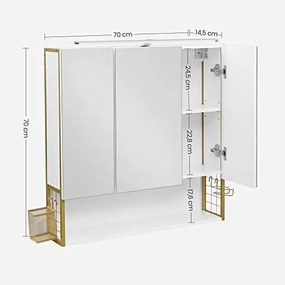 Koupelnová zrcadlová skříňka s osvětlením, bílá-zlatá, 14,5×70×70 cm