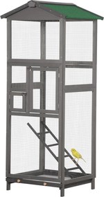 PawHut Velká Klec pro Ptáky z Masivního Dřeva s 2 Dveřmi, Asfaltovou Střechou a Odnímatelným Podnosem - 68 x 63 x 165 cm Šedá