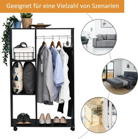HOMCOM Skříň na kolečkách s otevřeným designem pro oblečení s ramínkovou tyčí a policemi organizátor pro ložnici 80x40x128 cm Černá