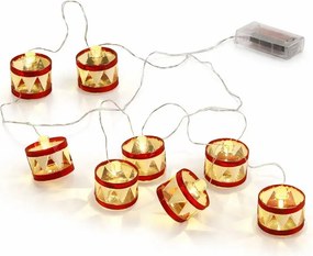 LED světýlka na baterky 1,5 m červené bubínky, teplá bílá, čirý kabel IP20 interiér, 2× AA