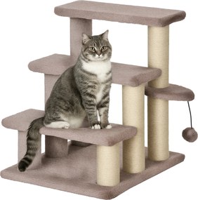 3-stupňové Kočičí Schody PawHut s Hracím Míčkem a Škrábacím Sloupem pro Kočky do 5 kg, Plyšové Jutové Hnědé, 45 x 40 x 48 cm | Aosom
