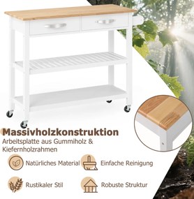 Costway Dřevěný kuchyňský vozík s pracovní deskou a 2 zásuvkami a 2