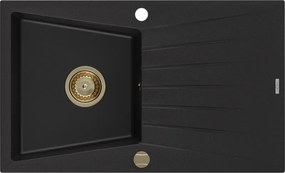 Mexen Cesar, granitový dřez 775x470x190 mm, 1-komorový, černá se zlatým sifonem, 6514771010-77-G