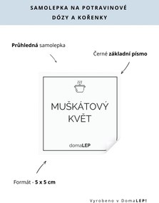 Samolepka na kořenky MUŠKÁTOVÝ KVĚT průhledná  5 × 5 cm základní písmo