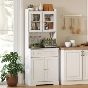 HOMCOM Kuchyňská skříň s pracovní deskou, držákem na vinné sklenice, skladovací skříň do kuchyně a jídelny, 170 cm, MDF, sklo, bílá