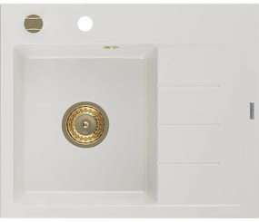 Mexen Ben granitový dřez s 1 komorou a odkapávačem, levý 600 x 500 mm, bílý, sifon zlatý - 6522605000-20-G