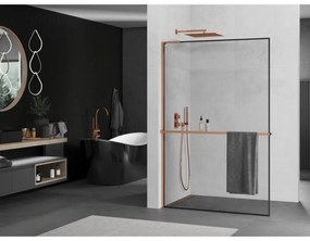 Mexen Kioto+ L, sprchová zástěna Walk-In s poličkou a věšákem 120 x 200 cm, 8mm čiré sklo černý vzor, ​​růžové zlato profil, 800-120-123-60-70