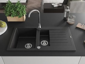 Mexen Matias granitový dřez 1,5-komorový s odkapávačem 900 x 505 mm, černý, sifon chrom - 6502901505-77