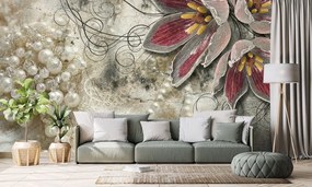 Samolepící tapeta květiny s perlami - 300x200 cm
