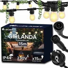 Síťová Girlanda 230V 15m zahradní řetěz 16x Led Žárovky E27 Filament