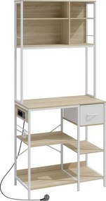 HOMCOM kuchyňský regál na mikrovlnnou troubu s policemi a 6 háčky pro malé prostory 80x40x181 cm, dub