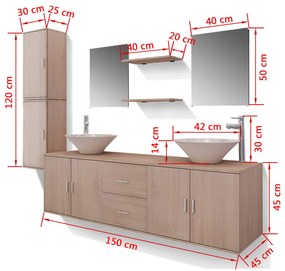 vidaXL Marketos 11kusový set koupelnového nábytku s umyvadlem a baterií, béžový