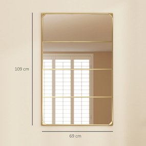 Nástěnné zrcadlo HOMCOM — mřížkové průmyslové provedení, zlatý kovový rám, obdélné, lze zavěsit vodorovně i svisle, 109 × 69 cm