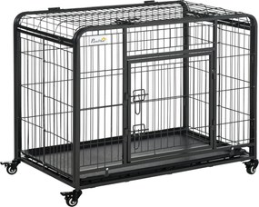 Skládací přepravní klec PawHut pro psy na kolečkách s 2 zamykatelnými dveřmi a odnímatelným podnosem 94L x 58W x 69.5H cm Metal Šedá Černá | Aosom