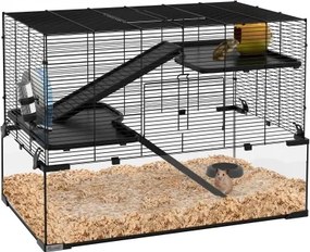 PawHut klec pro křečky, hlodavčí klec, 3 úrovně s kolotočem, rampami, domečkem, napáječem, miskou na krmivo, 76,5L x 48,5L x 54,5H cm, černá