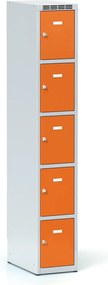 Šatní skříňka S6 s úložnými boxy, 5 boxů, 1800 x 300 x 500 mm, otočný zámek, oranžové dveře