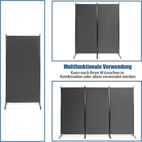 Costway 3 panelový dělič pokojů Skládací látková zástěna – 260 × 183 cm, šedá