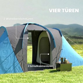 Outsunny rodinný stan pro 4-6 osob, voděodolný 2000 mm, skládací stan s 2 ložnicemi, batoh na kempování 555x225x190 cm, šedý a modrý