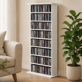 HOMCOM Úzká mediální skříň, 8 pater, 6 nastavitelných polic, 8 přihrádek, pro 360 CD, bílá