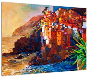 Skleněný obraz - Vesnice na pobřeží Cinque Terre, Italská riviéra, moderní impresionismus (70x50 cm)