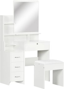 HOMCOM Toaletní stolek s taburetem a zrcadlem, toaletní stůl se 4 zásuvkami, 4 úložnými prostory, moderní styl, 80x38x143 cm Bílá