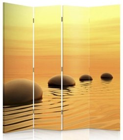 Ozdobný paraván Zen Spa Kameny Voda Žlutá - 145x170 cm, čtyřdílný, klasický paraván