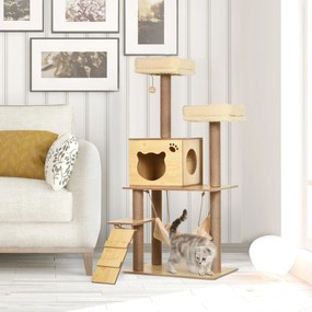 PawHut Kočičí Škrabadlo Výška 130 cm Kočičí Věž se Sisalovými Škrabacími Sloupky 2 Postele Houpací Síť Jeskyně Hračková Koule a Rampou 60x40x130 cm P…