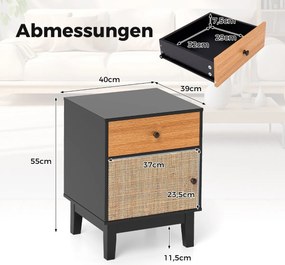 Costway Ratanový noční stolek se zásuvkou a skříňkou v boho stylu, černý