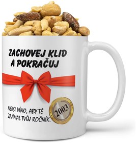 Hrnek Zachovej klid (rok: 2003, Náplň hrníčku: Směs slaných oříšků)