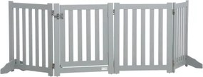 PawHut oboustranně skládací dřevěná bezpečnostní mříž pro psy, 4 panely s dveřmi, podpěrné nohy, 205 x 60 cm, šedá