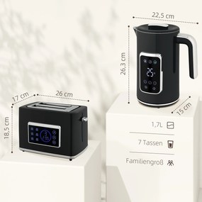 HOMCOM Sada konvice a topinkovače s LED dotykovým displejem, 1,7 L, 2 sloty na topinky, různé režimy a funkce, černá