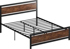 HOMCOM rám manželské postele 200 x 160 cm z oceli s roštem a čelem postele, kompatibilní s matrací tmavý dřevěný vzhled