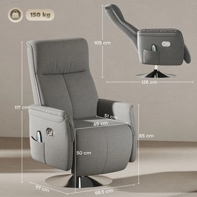 HOMCOM MASCOM masážní křeslo Relaxační křeslo nastavitelný relaxační křeslo otočné, nastavitelná opěradla a podnožka, 68,5x77x117 cm, šedá