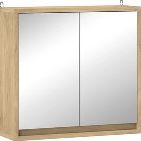 HOMCOM Koupelnová skříňka se zrcadlem, 2 dveřmi a nastavitelnou policí, závěsná koupelnová skříňka pro moderní koupelnu 48x14,5x45 cm, přirodní dřevo