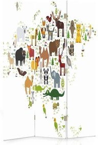 Ozdobný paraván, Mapa světa se zvířaty - 110x170 cm, třídílný, klasický paraván