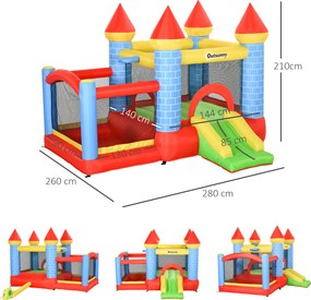 Outsunny skákací hrad s ventilátorem a skluzavkou, bazén, unese až 90 kg pro 3 děti, pro věk 3-8 let, červeno-modro-zelený, 280x260x210 cm