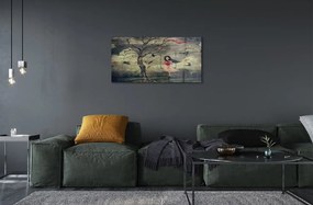 Obraz na skle Strom ptáci mraky dívka rocková 125x50 cm