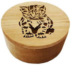 AMADEA Dřevěná krabička kulatá kočka, masivní dřevo, 8 cm, český výrobek