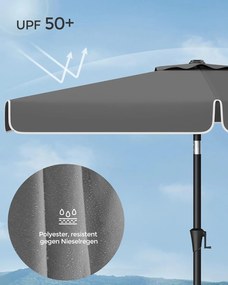 Slunečník 200 × 150 cm, obdélníkový balkonový slunečník, UV ochrana UPF 50+, bez základny, šedý