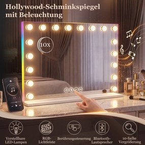 HOMCOM Hollywood make-up zrcadlo s 18 stmívatelnými LED lampami, 3 barvy, RGB světlo, Bluetooth reproduktor, 10x zvětšení, bílé