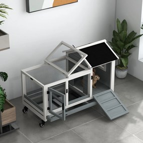 Dřevěná klec pro trpasličí králíky PawHut, 108 x 58 x 73,5 cm, malá zvířecí klec s venkovním výběhem, kolečky, skládací střechou, trpasličí králičí k…