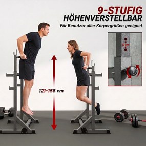 SPORTNOW Multifunkční opora pro činky s nastavitelné šířkou a výškou - Svalový stojan se ocelovou konstrukcí, nosnost 150 kg pro domácí trénink