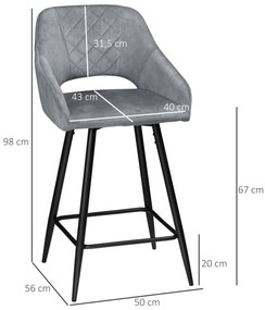 HOMCOM Sada 2 barových židlí, barové židle, bistro židle s podnožkou, kuchyňská židle, pultová židle, potah sedáku, ocel, šedá, 50 x 53 x 94 cm| Aosom