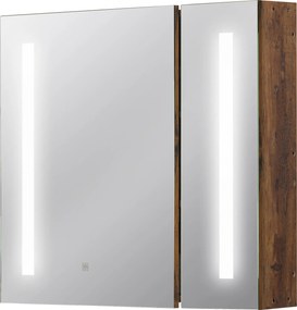 kleankin Nástěnná zrcadlová skříňka s LED osvětlením do koupelny, 2 dveře s 3 úrovněmi, 70 x 15 x 65 cm, vzhled dřeva